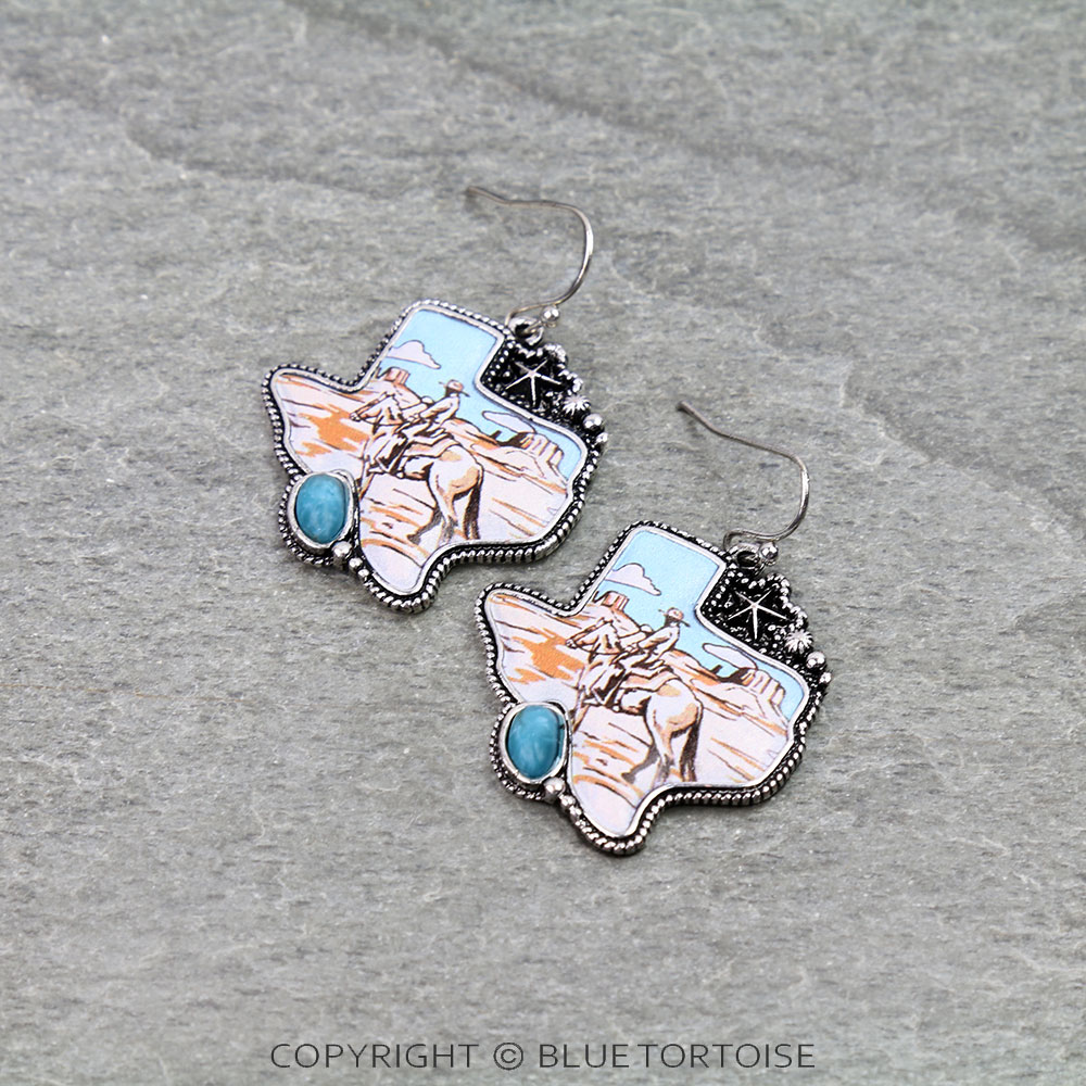 Western Rodeo Print Texas Map Dangle Earrings – Bluetortoisewholesale
